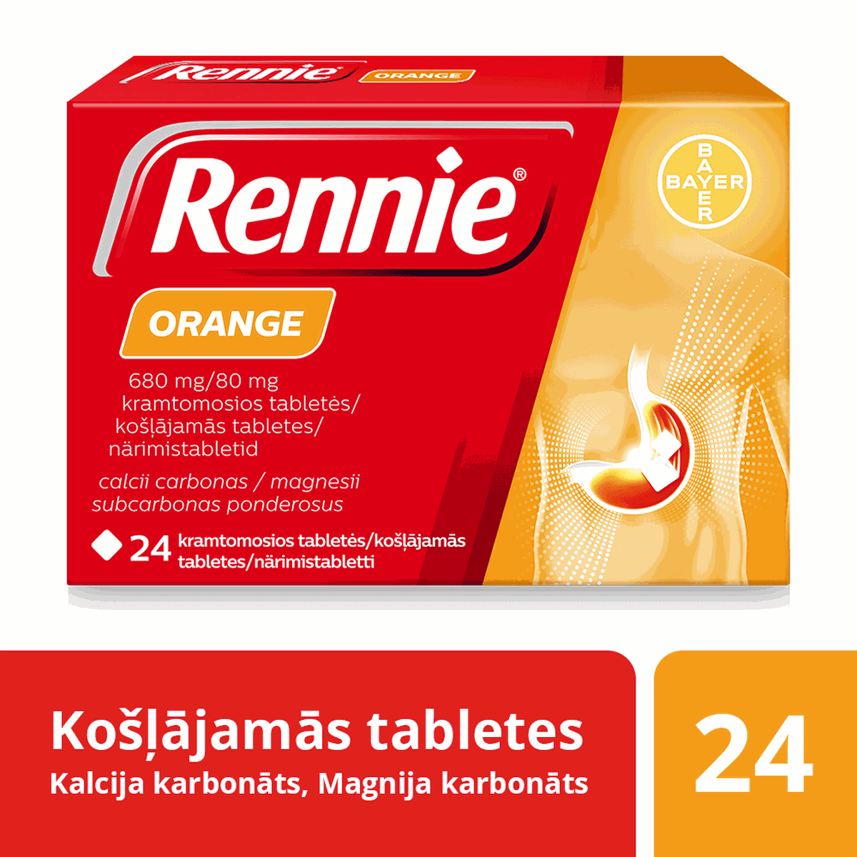 RENNIE Orange 680 mg/80 mg košļājamās tabletes, 24 gab. - Piegāde visā ...