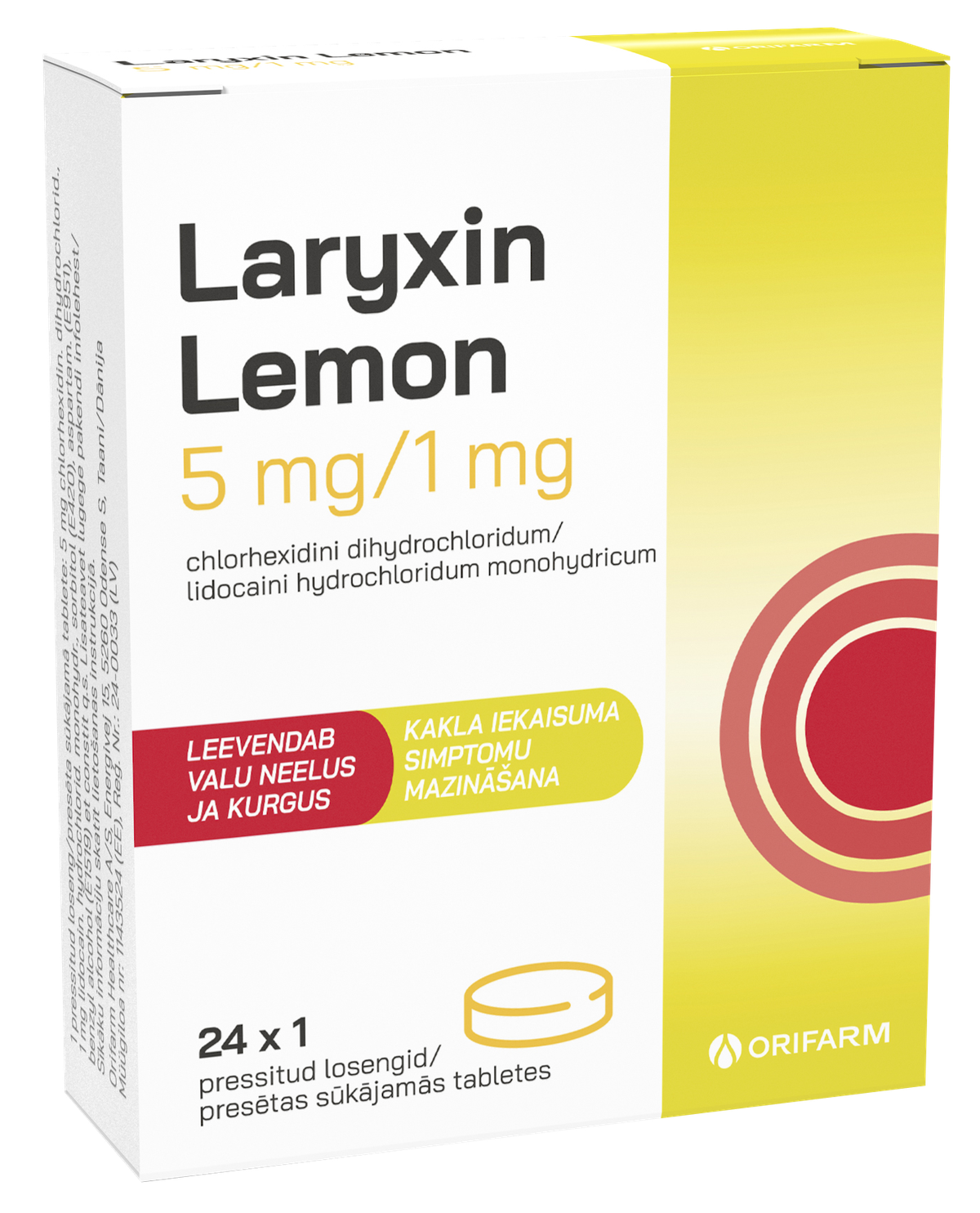 LARYXIN Lemon 5mg/1mg lozenges, 24 pcs. | Mēness aptieka