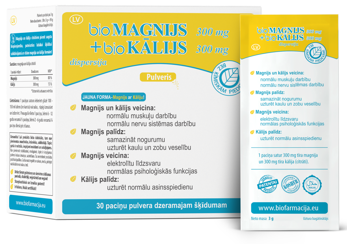 BIOFARMACIJA Biomagnijs 300 mg + Biokālijs 300 mg pulveris, 30 gab ...