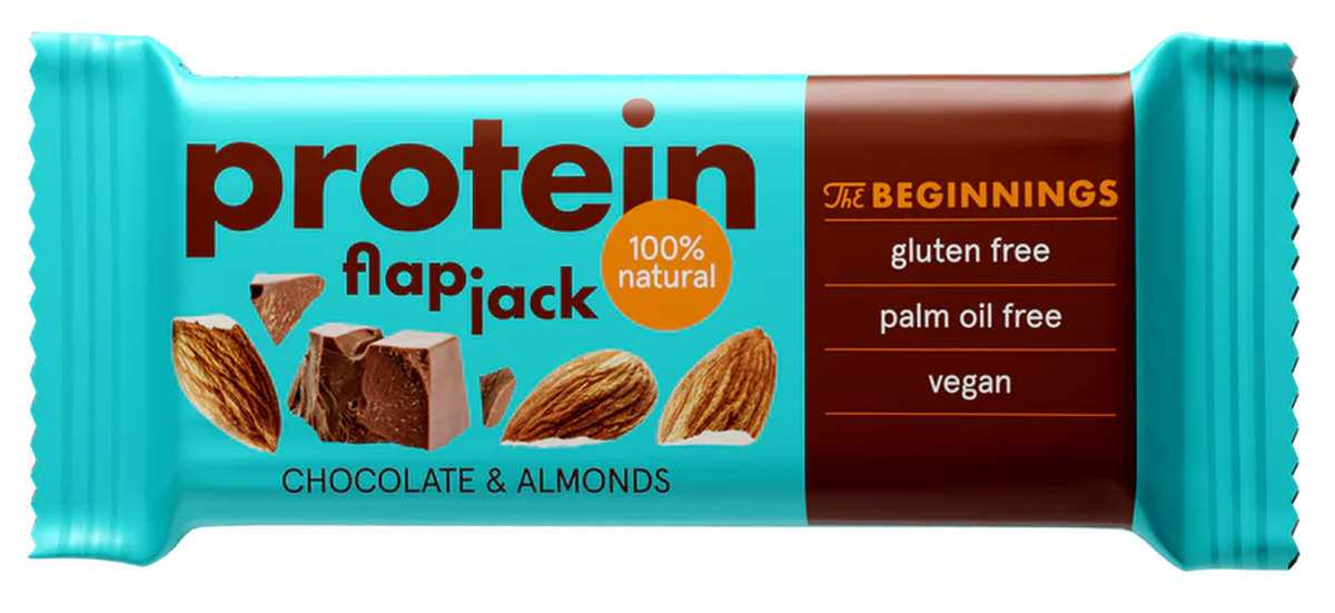 THE BEGINNINGS FlapJack Protein Chocolate Almond bar, 60 g | Mēness aptieka