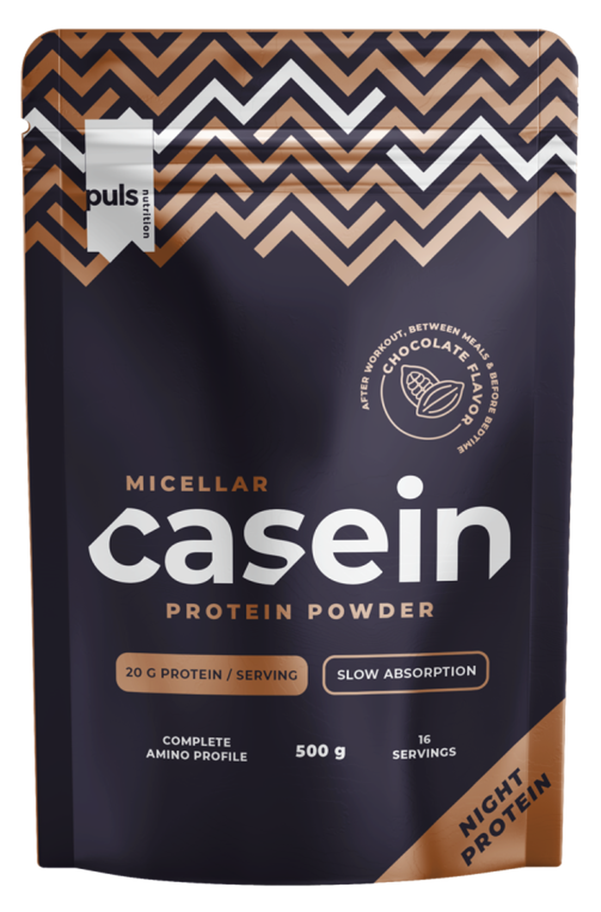 PULS NUTRITION Casein Chocolate powder, 500 g | Mēness aptieka