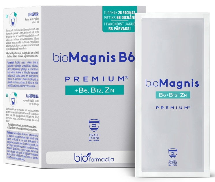 BIOFARMACIJA Biomagnis B6 premium +B6, B12, cinks pulveris, 28 gab ...