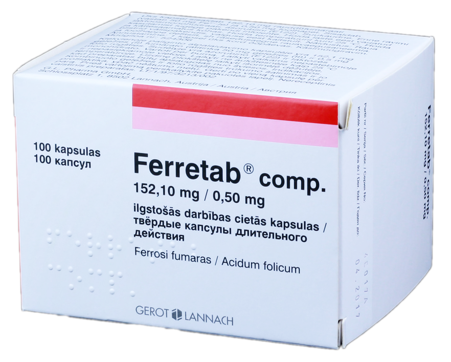 FERRETAB Comp. 152,10 mg/0,50 mg hard capsules, 100 pcs. | Mēness aptieka